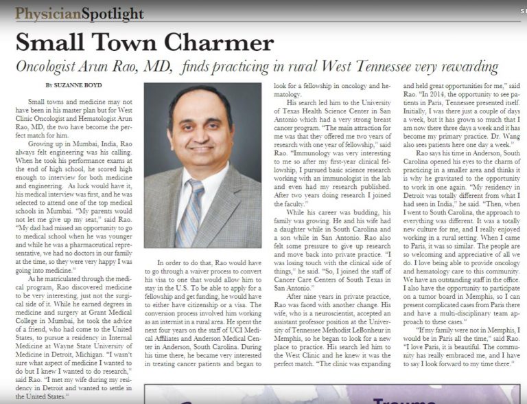 West TN Medical News Feature – Dr. Arun Rao - West Cancer Center
